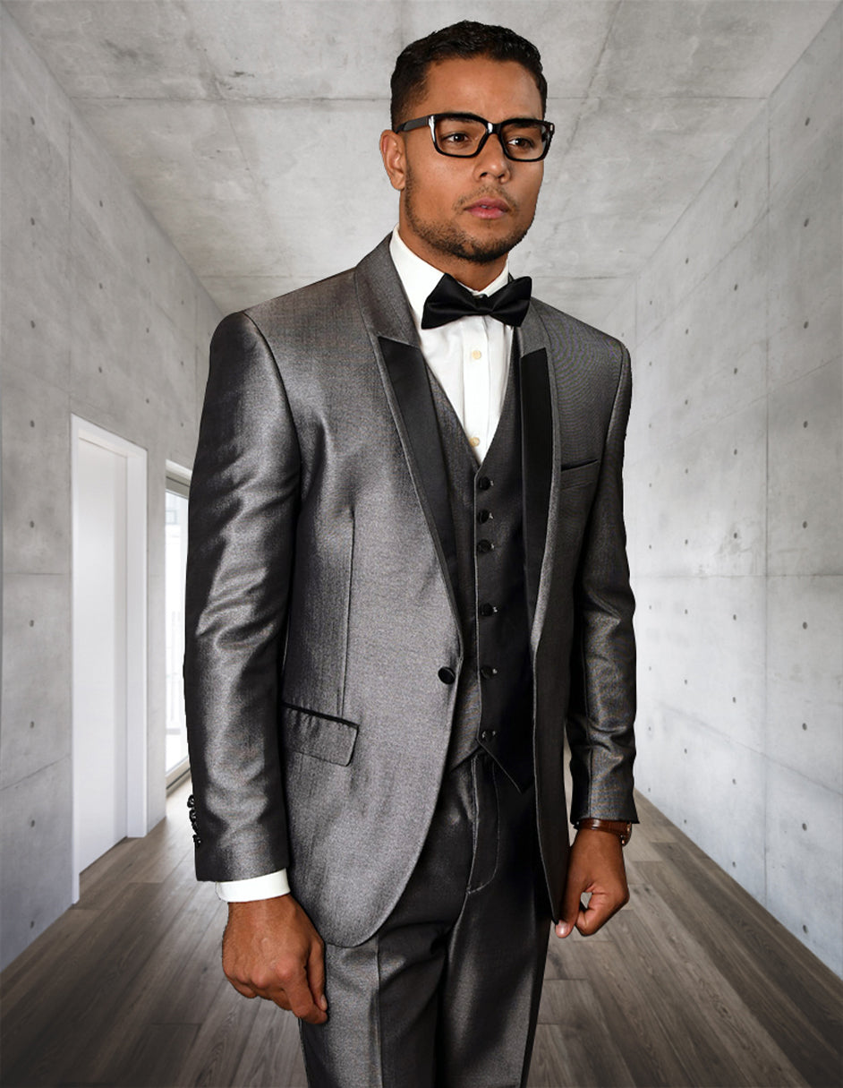Mens 2 Button Vested Half Shawl Tuxedo in Silver Sharkskin ...