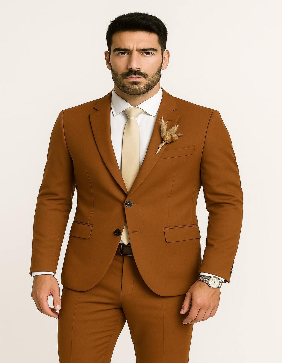 Men’s Rust Brown Wedding Suit – Modern Slim Fit Groom Suit for Fall Ou ...