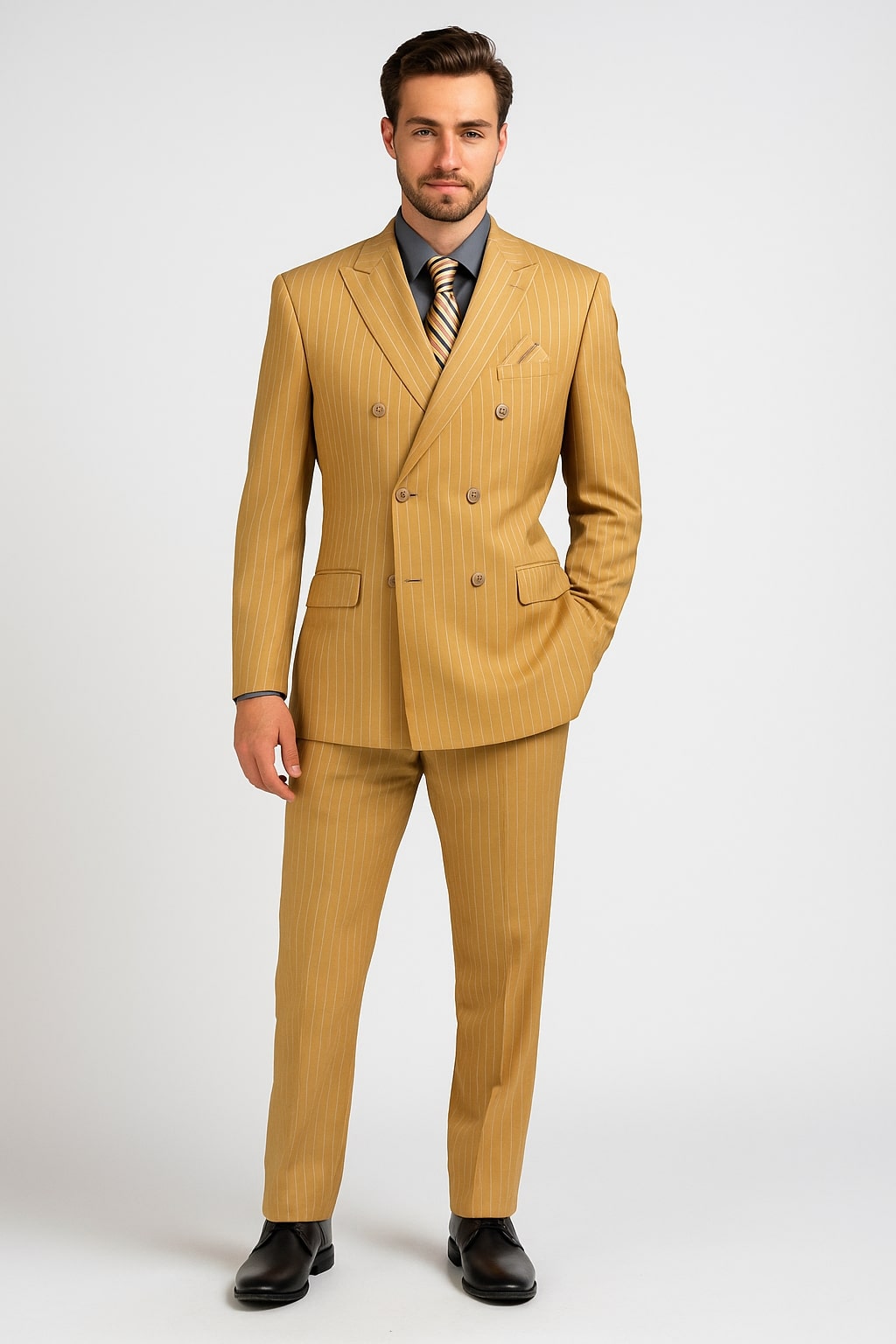 Mens Camel Tan Pinstripe Double-Breasted Suit – Bold 6-Button Modern V ...
