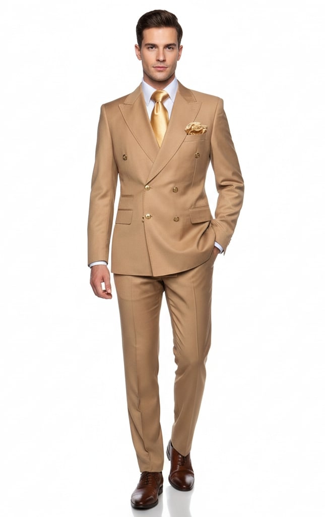 Mens Camel - Bronze - Goldish khaki Double-Breasted Suit – Luxury 2-Pi ...