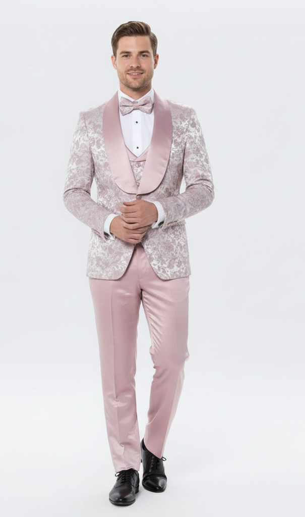 Men’s Light Pink Dusty Rose - Floral Tuxedo Suit – Luxury Satin Shawl ...