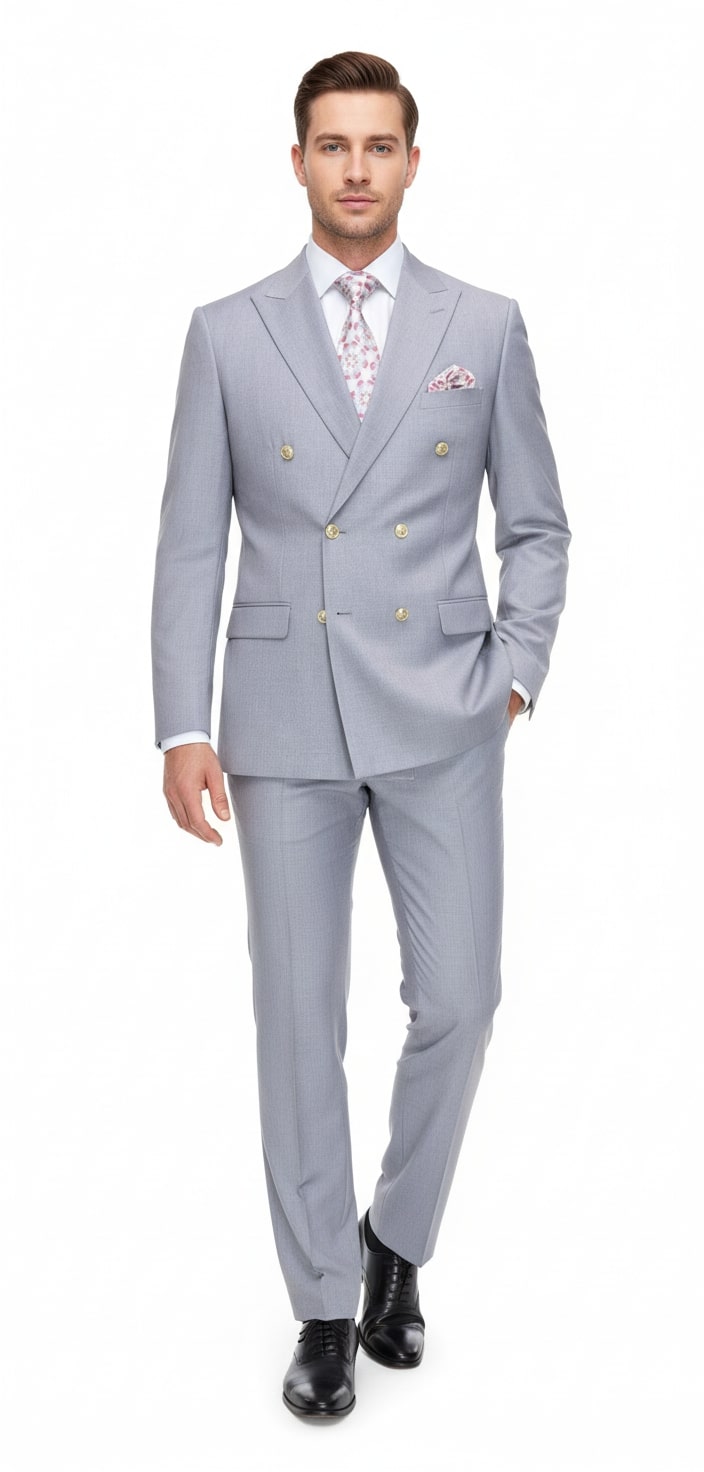 Mens Silver Grey Double-Breasted 3-Piece Suit – Classic Tailored Fit w ...