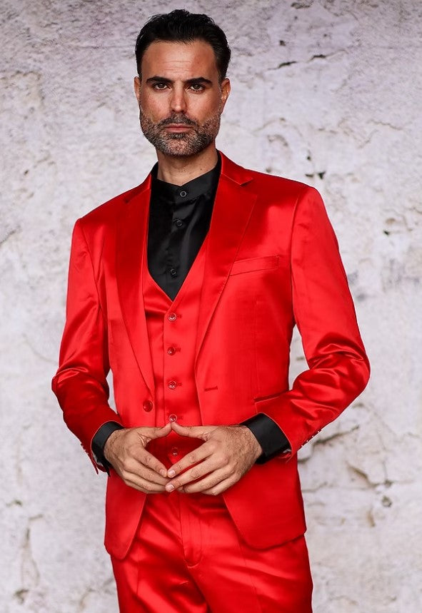 Mens 3-Piece Slim-Fit Shiny All Satin Suit Red — Menssuitsatlanta