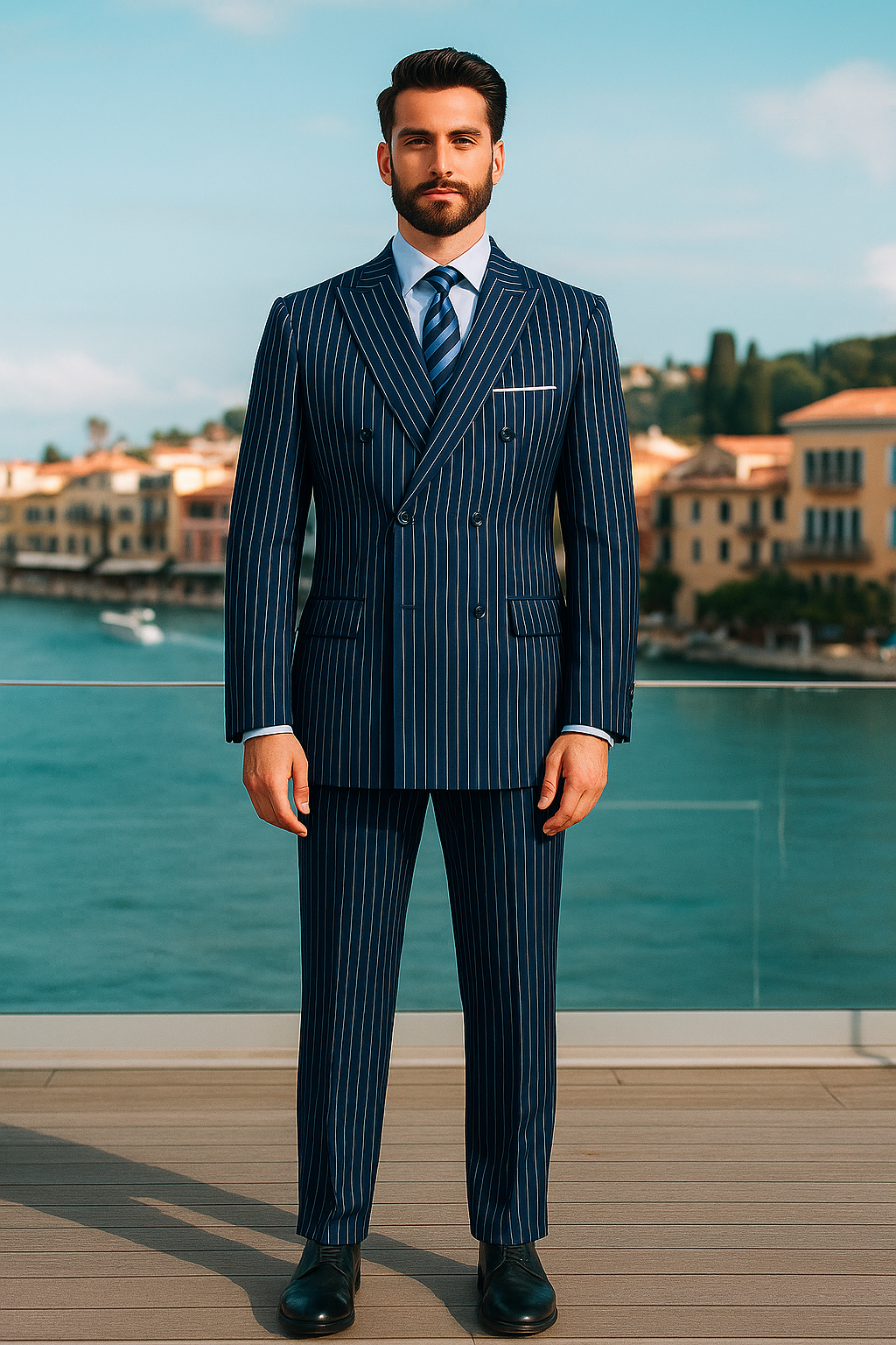 Men’s Royal Blue Pinstripe Double-Breasted Suit – 6-Button Classic Vin ...