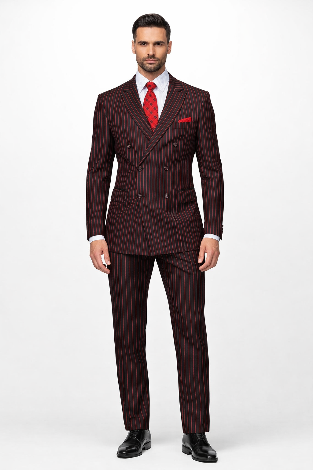 Black and Red Pinstripe Double breasted Suit - 100% Wool Modern Fit Si ...