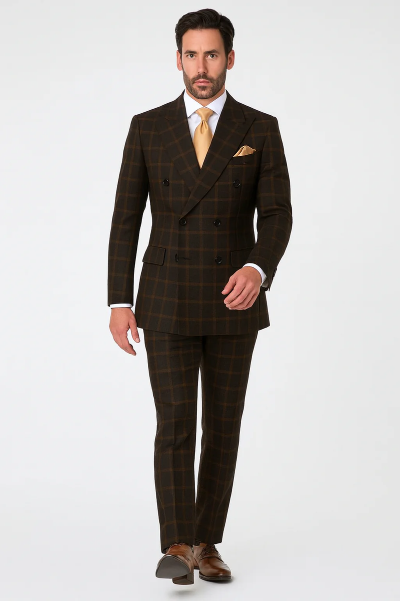 Men's Brown Plaid Double-Breasted Wool Suits – Classic Windowpane Two ...