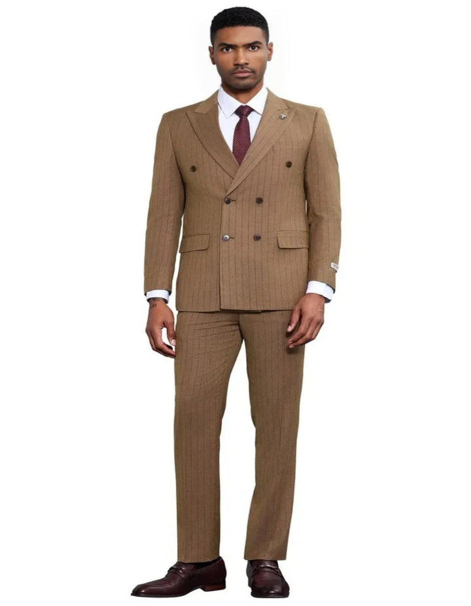 Men's Stacy Adams Double Breasted Pinstripe Camel Suit — Menssuitsatlanta