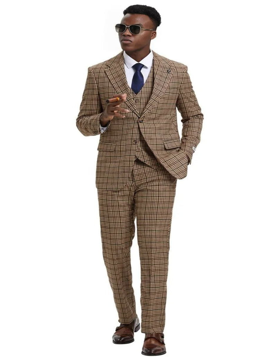 Men's Stacy Adams Vested Modern Fit Houndstooth Camel Suit ...