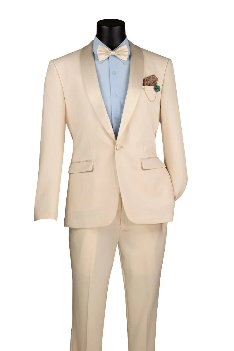 Cream Tuxedo Suit for Men – One Button Satin Lapel Formal Suit - Champ ...