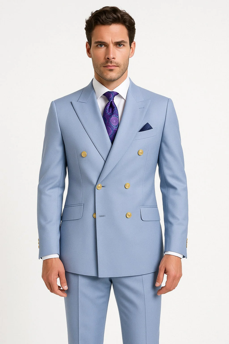Mens Light Blue Double-Breasted Suits with Gold Button – Slim Fit 2-Pi ...