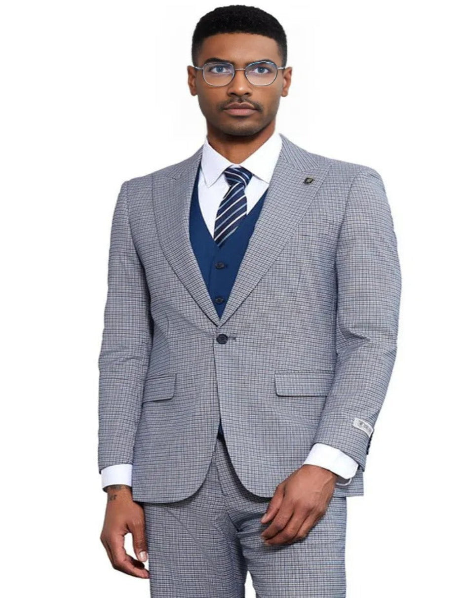 Men's Stacy Adams One Button Peak Lapel Vested Micro Check Light Blue ...