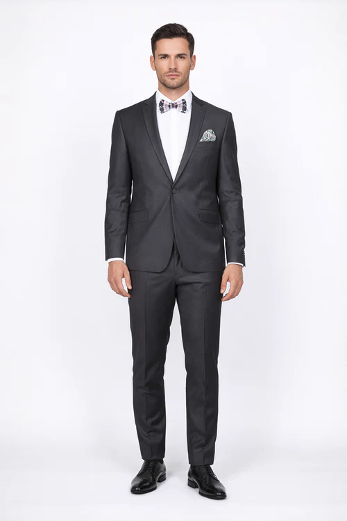 Rossiman Men’s Slim Fit Gray Wool Suit | 1-Button Peak Lapel Jacket ...