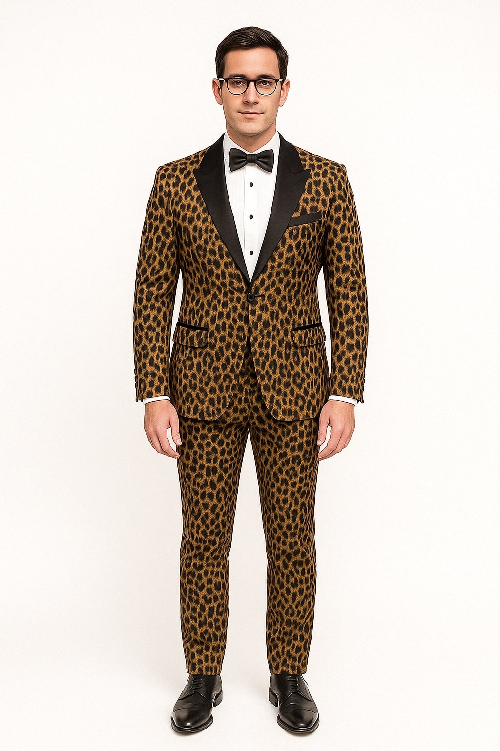 Mens Leopard Print Tuxedo with Black Satin Lapel and Bow Tie – Bold An ...