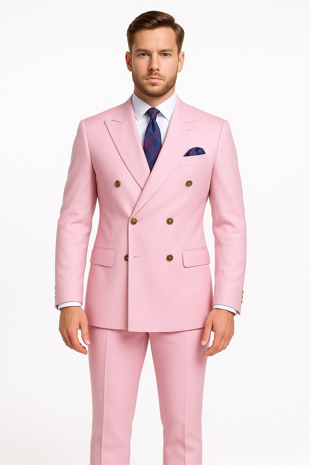Mens Light Pink Double-Breasted Suit with Gold Buttons – 2-Piece Slim ...