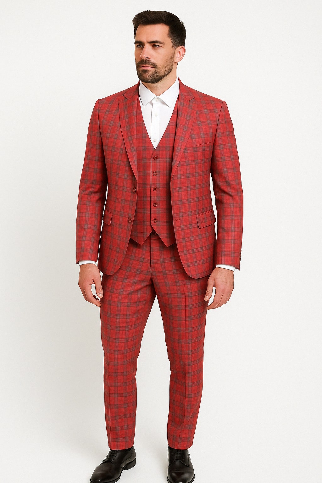 Mens Red and Grey Plaid 3-Piece Suit with Vest - Modern Fit Peak Lapel ...