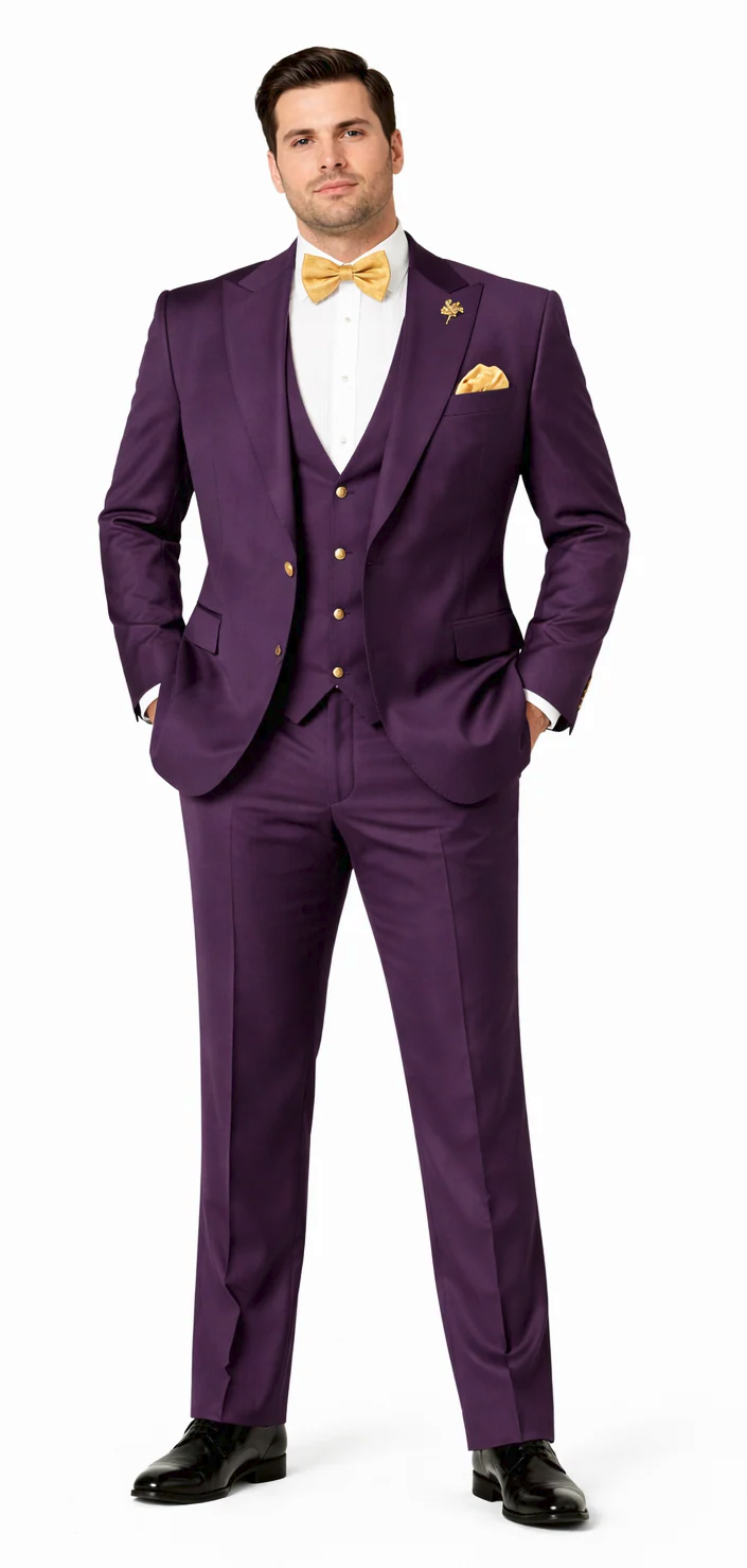 Rossiman Mens Plum Purple Suit – Gold Buttoned Double-Breasted Eleganc ...