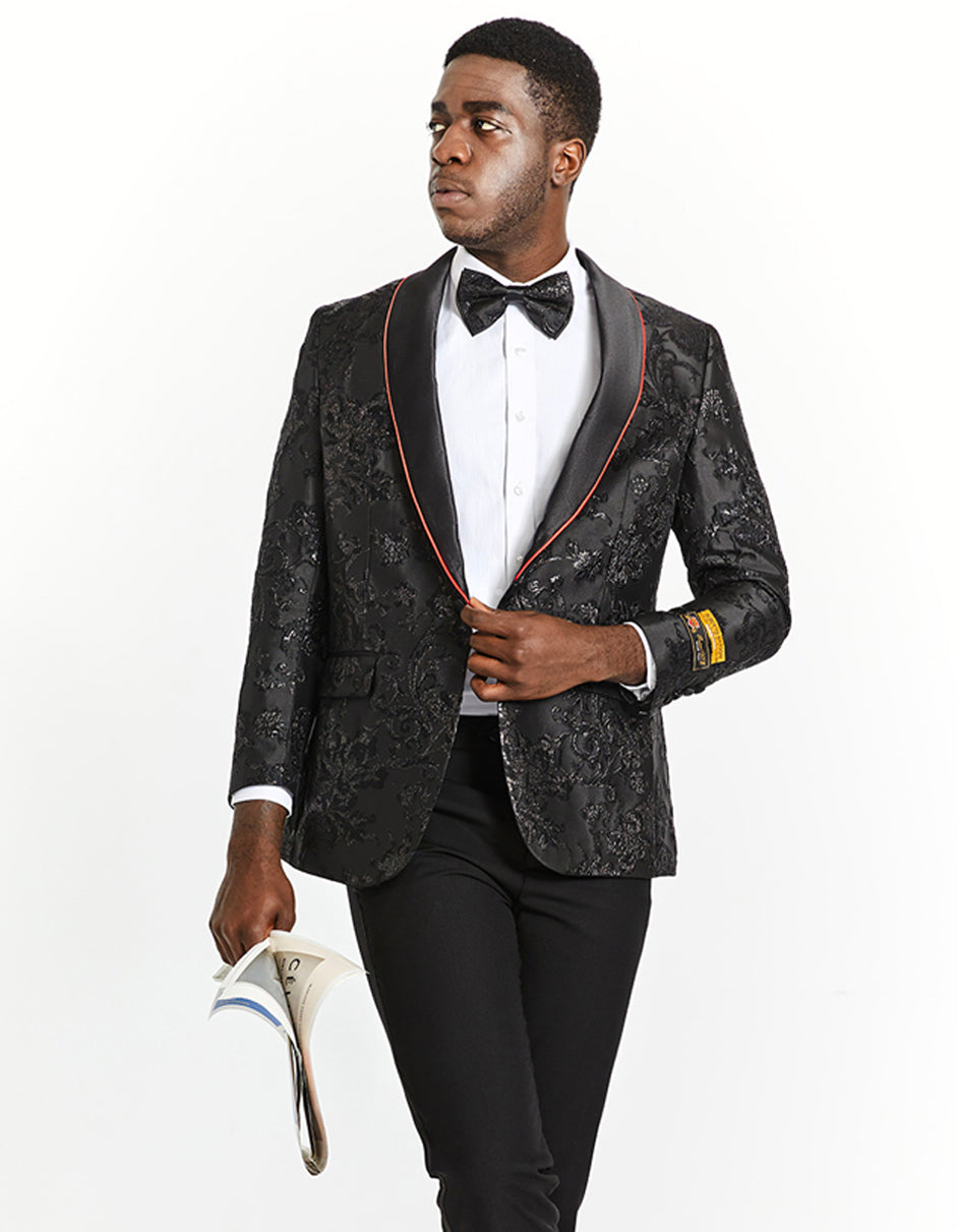 Mens Black Paisley Prom 2026 Tuxedo Blazer with Red Trim — Menssuitsatlanta