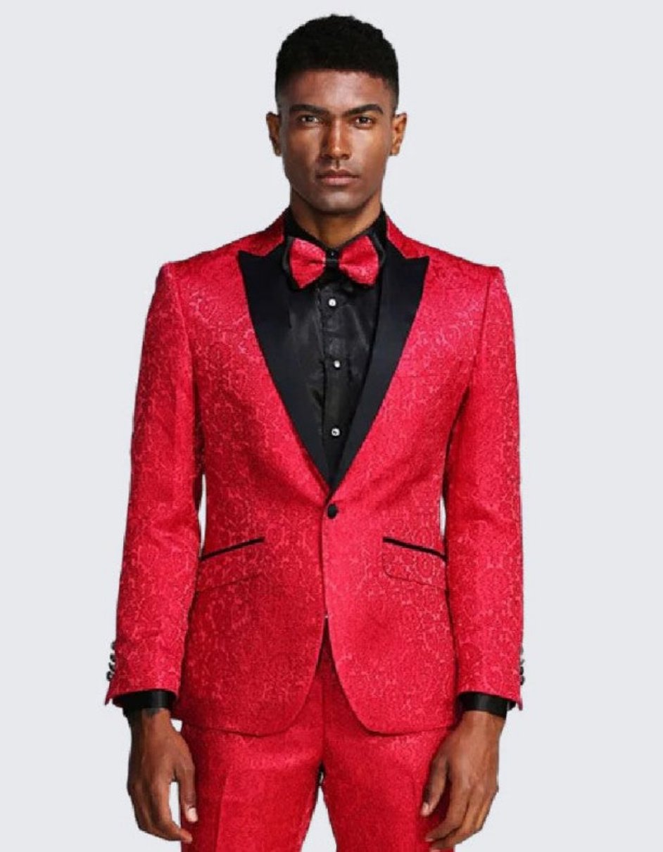 Red Paisley Slim Fit Tuxedo Three Piece Set - Wedding - Prom 2025 ...
