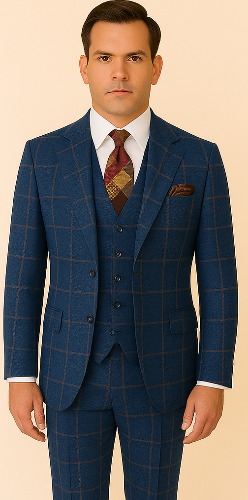 Rossiman Men’s Navy & Gray Plaid Suit – Classic Windowpane Double-Brea ...