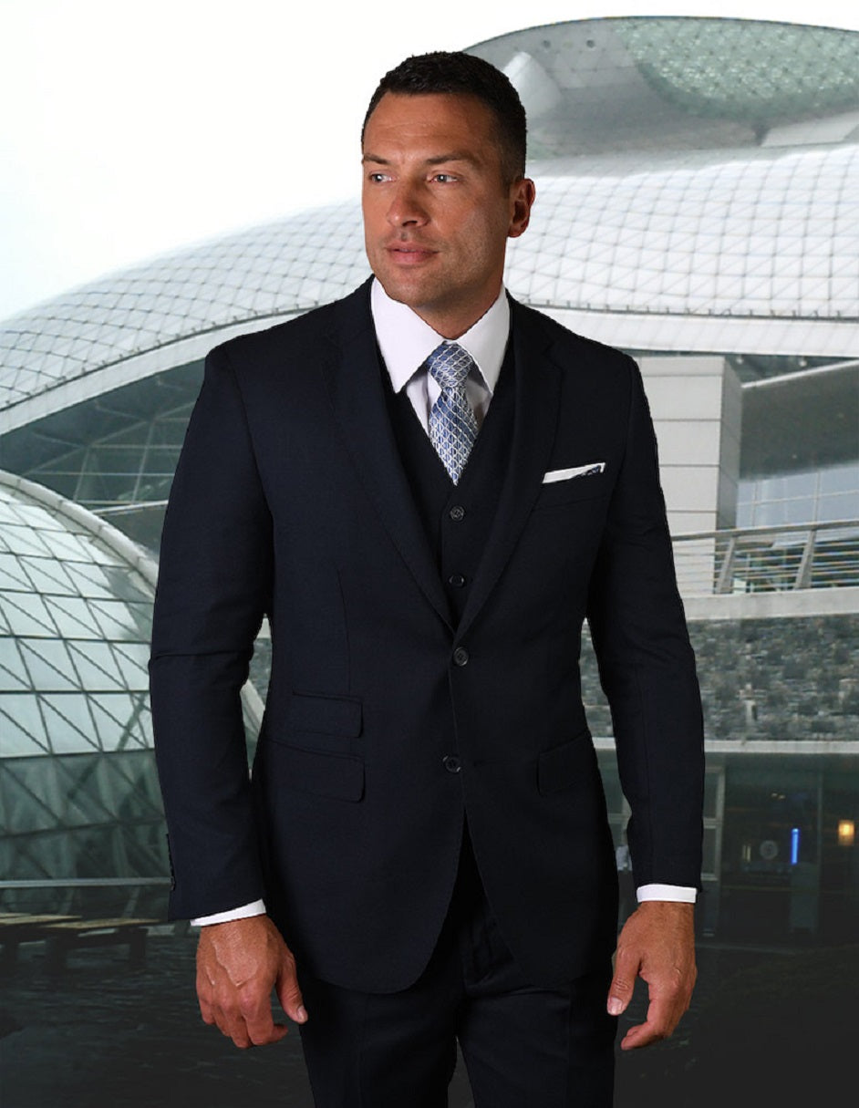 Mens 2 Button Modern Fit Vested Pick Stich Suit in Navy Blue ...