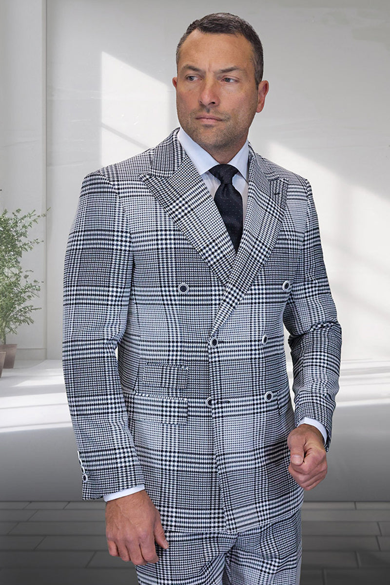 Men's Designer Wool Double Breasted Suit in Natural Grey Houndstooth G ...