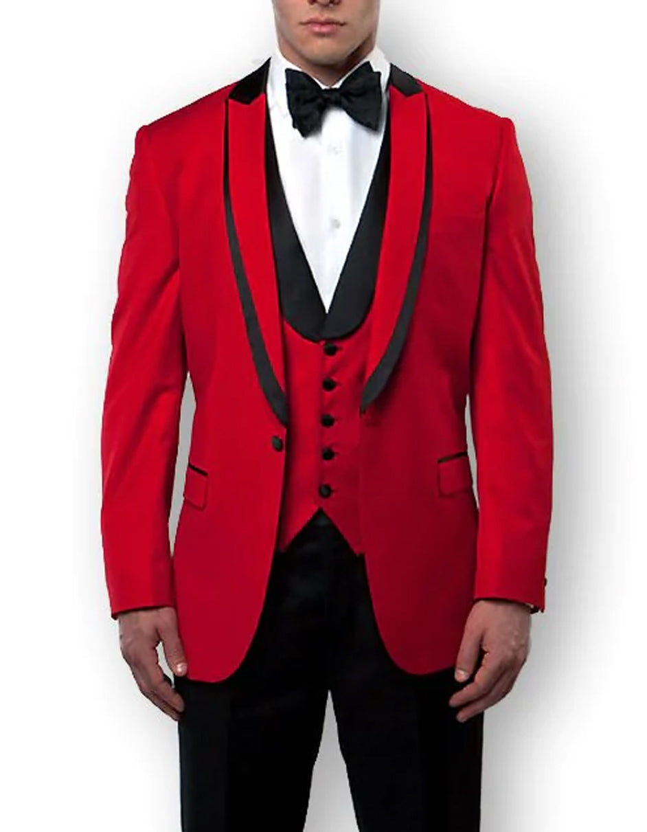 Mens Vested Red Prom 2025 Tuxedo with Black Trim — Menssuitsatlanta