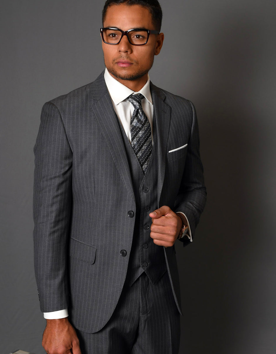 Mens 2 Button Vested Modern Fit Wool Suit in Charcoal Grey Pinstripe ...