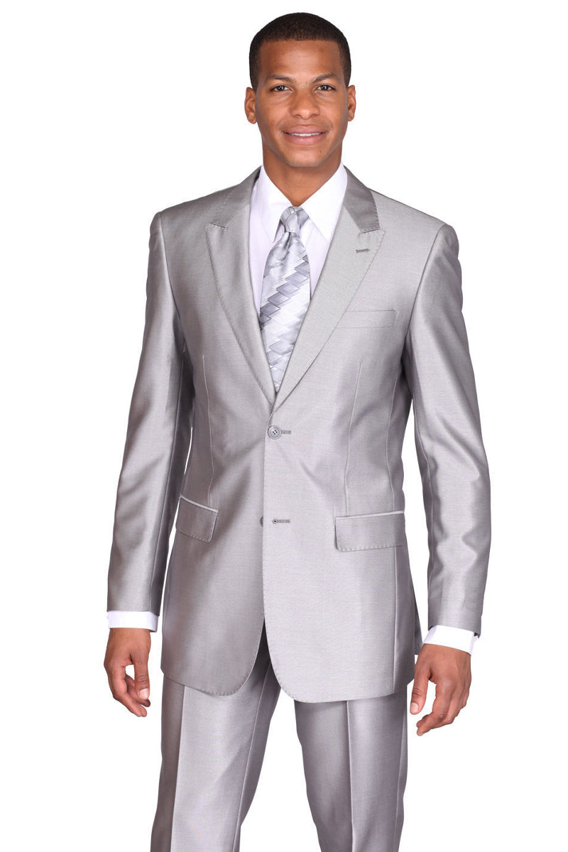 "Sharkskin Slim Fit Men's Suit, 2-Button Peak Lapel in Silver Grey ...