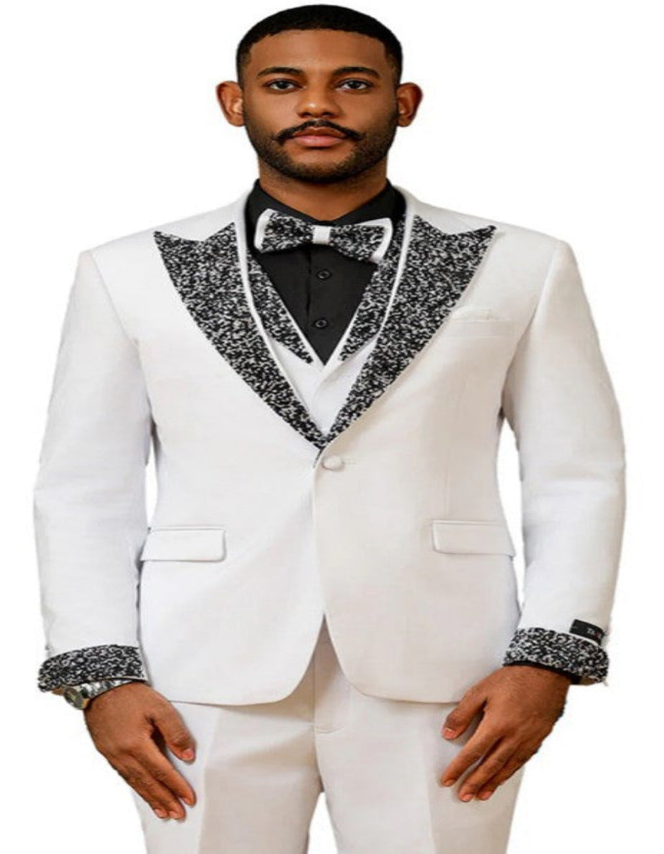 White Prom Tuxedo - Perfect Wedding Suit Vested Rhinestone sequin Lape ...