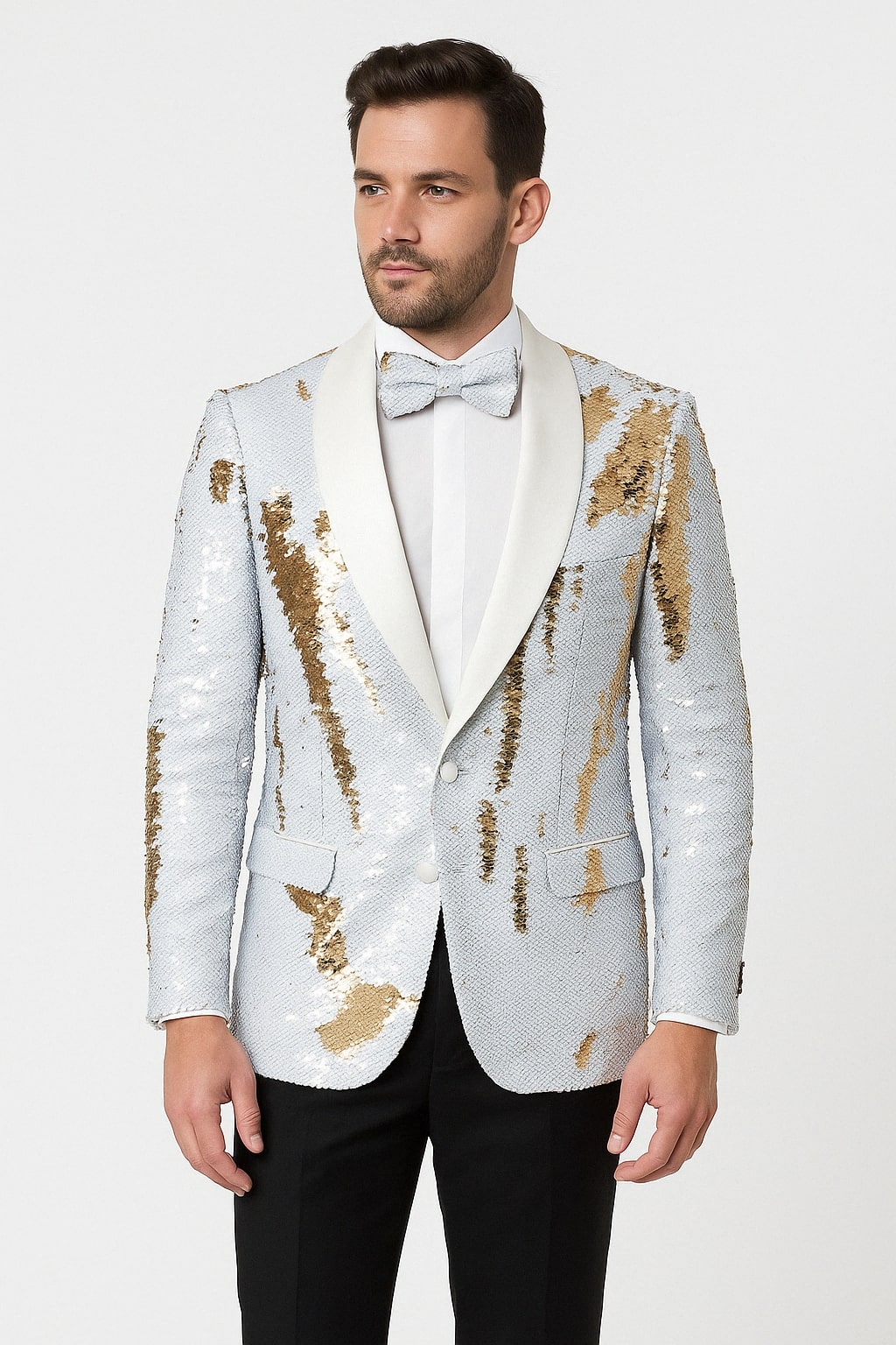 Mens White and Gold Reversible Sequin Tuxedo Jacket with Satin Lapel a ...