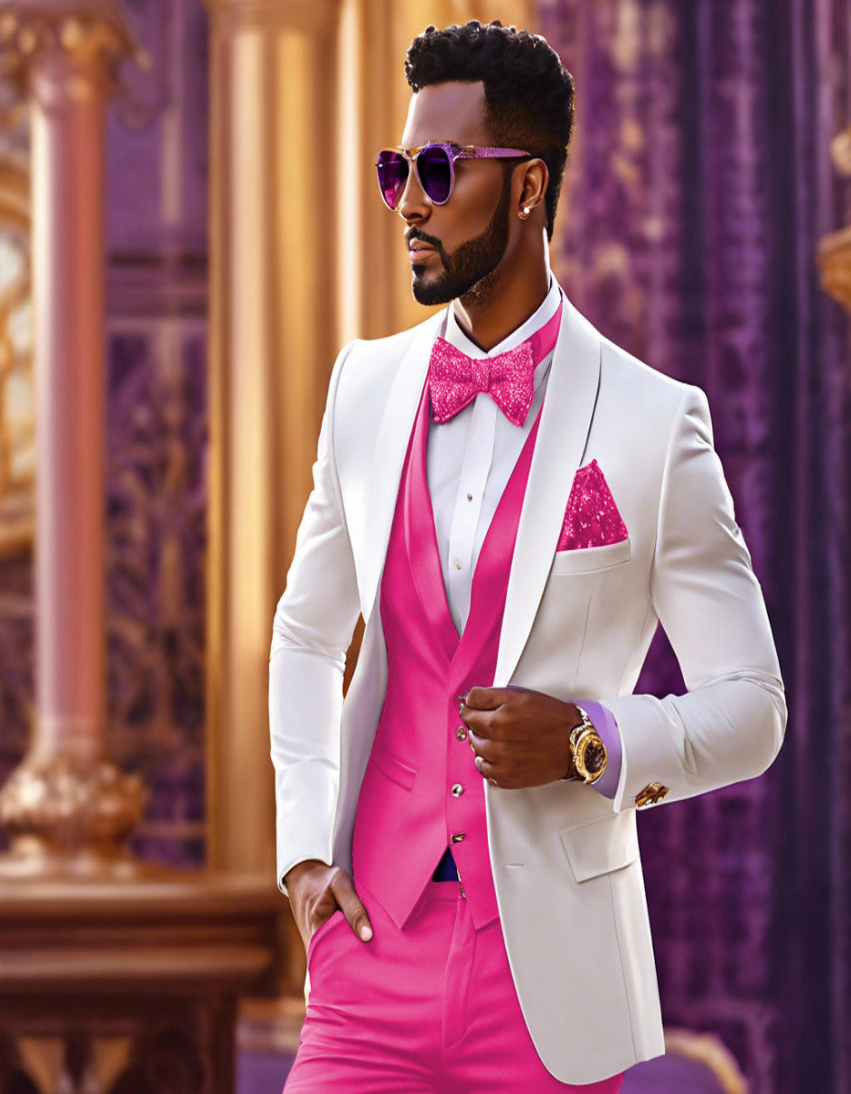 White and Hot Pink Tuxedo Wedding Suit - White Dinner Jacket + Vest ...