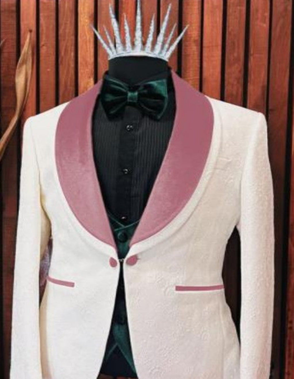 White and Pink Tuxedo - Prom Suit (Jacket + Pants + Vest + Bowtie Pack ...