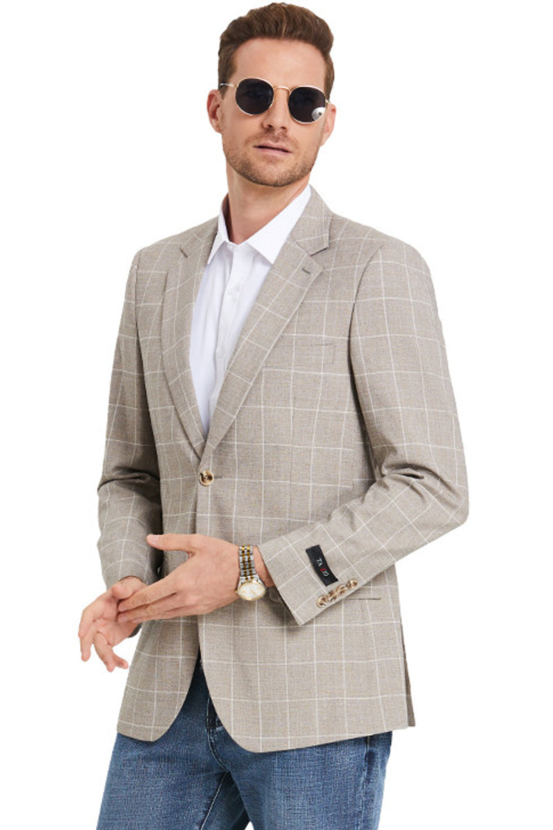 Men's Slim Fit Summer Windowpane Suit in Light Tan — Menssuitsatlanta