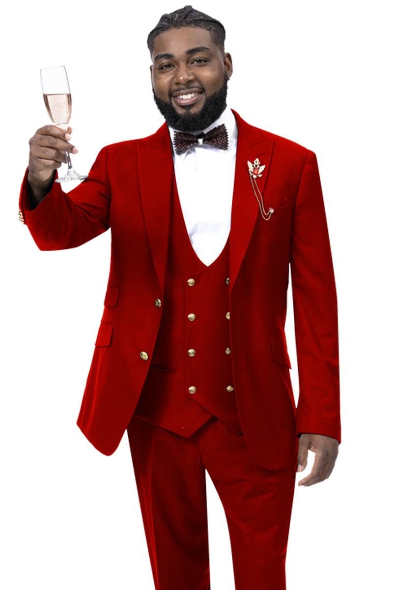 EJ Samuel Men's Red Vested Suit w/ Double Breasted Bespoke Gold Button ...