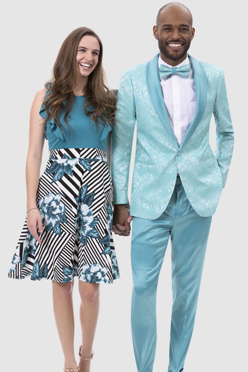 "EJ Samuel Teal Blue Slim Fit Paisley Floral Prom Tuxedo ...