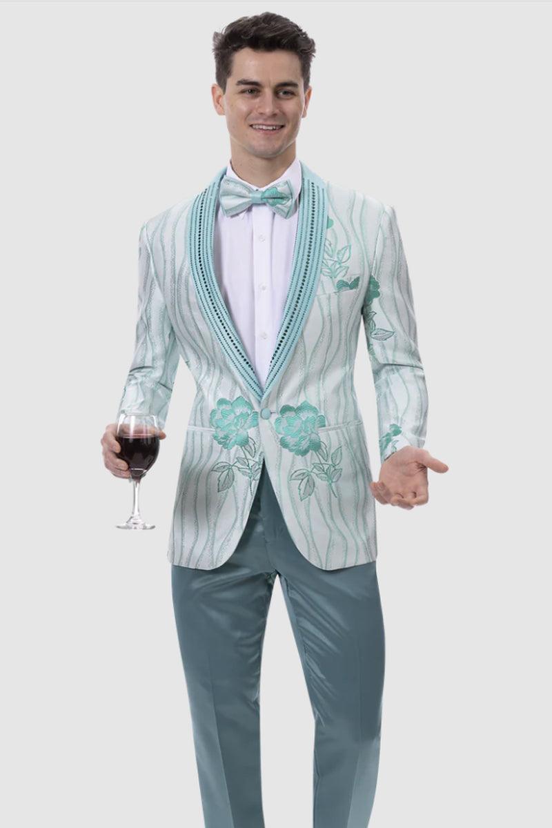 EJ Samuel Teal Prom Tux Jacket: Flower & Wave Pattern w/Stud Lapel ...