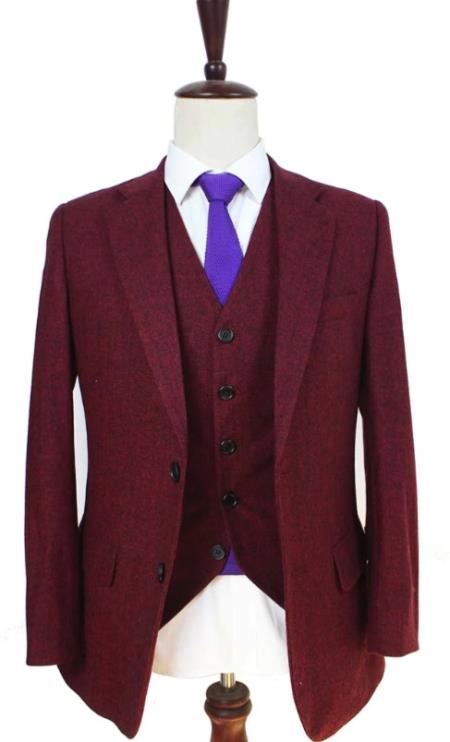 Mens Two Button Notch Label Tweed Suit Red — Menssuitsatlanta