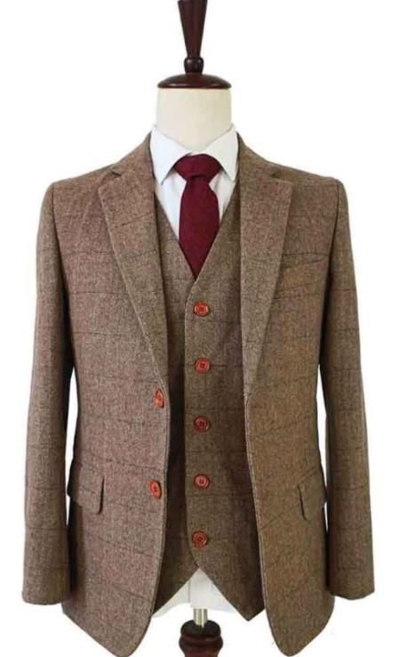 Mens Two Button Notch Label Tweed Suit Brown Herringbone — Menssuitsatlanta