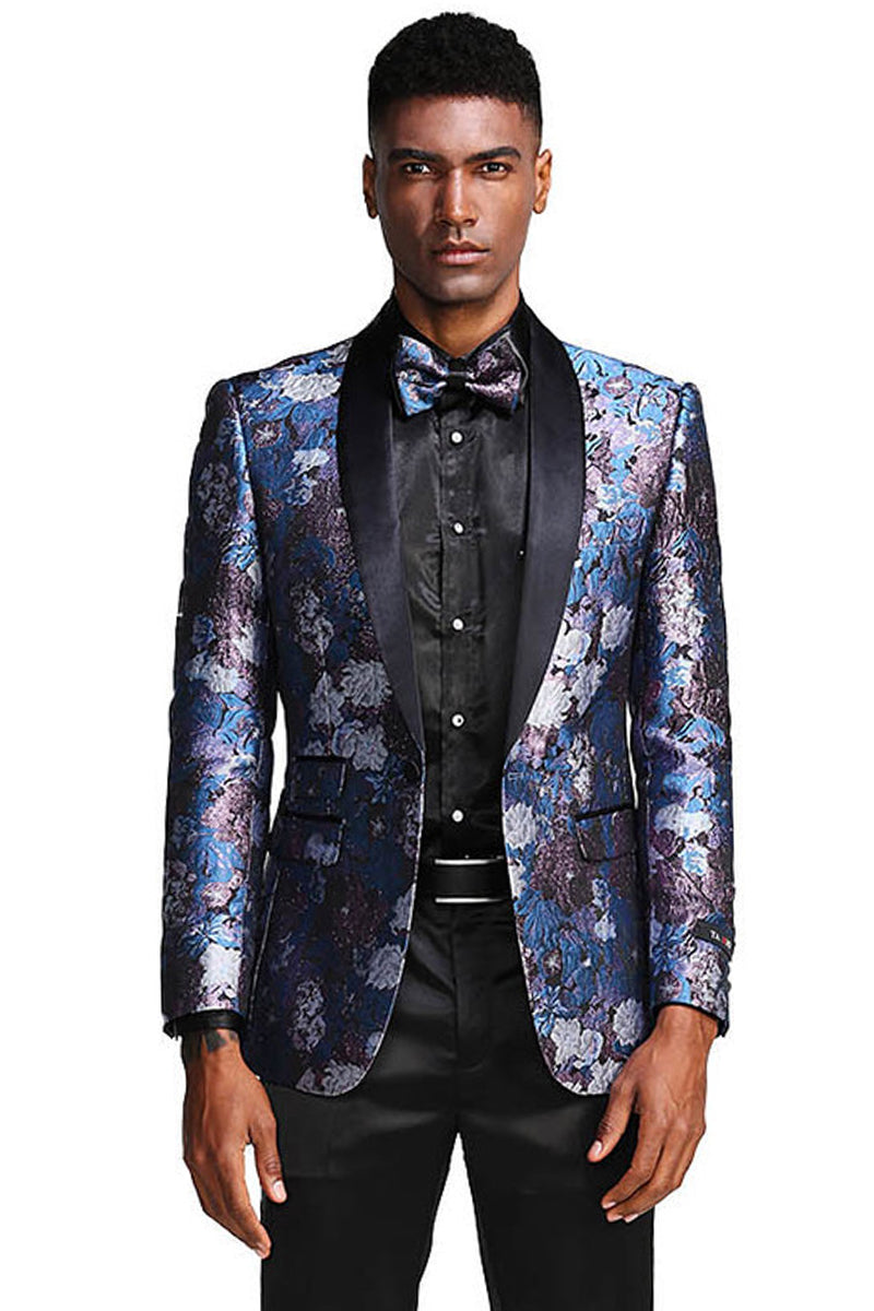 Men's Slim Fit Shawl Lapel Paisley Floral Tuxedo in Blue Roses & Silve ...