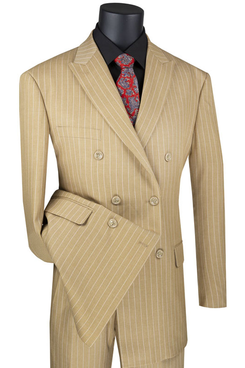 Mens Double Breasted Gangster Bold Pinstripe Suit in Camel ...