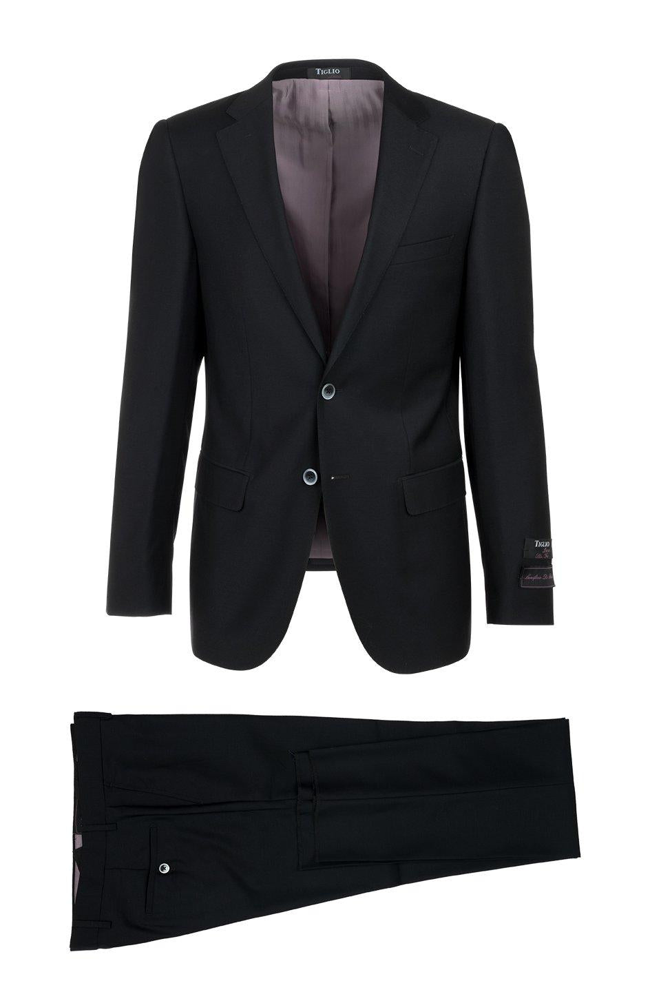 Tiglio Italian Suit - Real Wool Fabric Super 150's Porto Black, Slim F ...