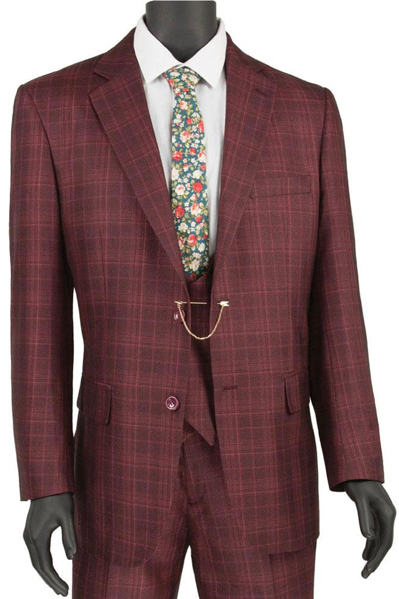 Mens Classic Fit Low Cut Vest Glen Plaid Suit in Burgundy ...