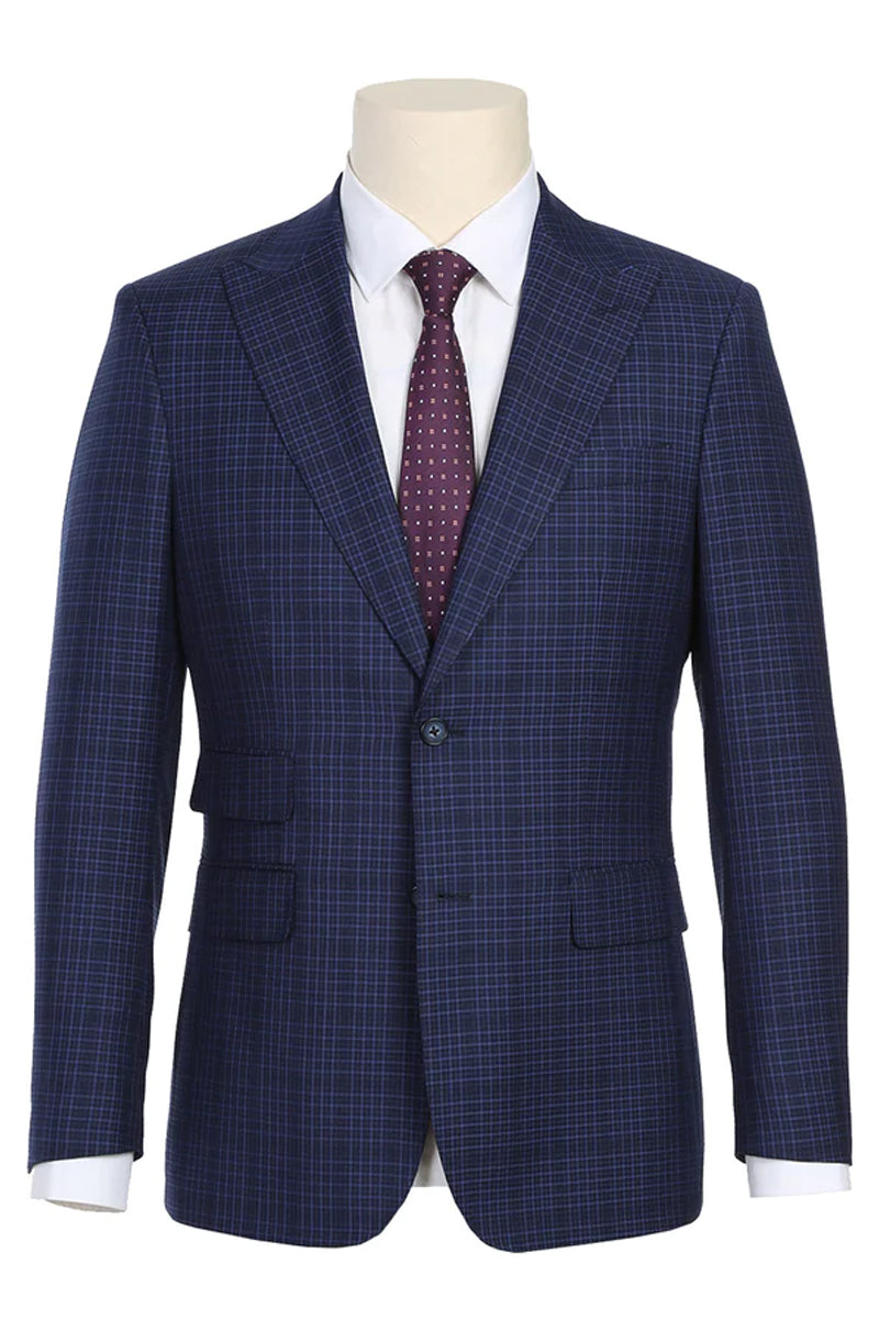 Mens Designer Two Button Slim Fit Peak Lapel Suit in Navy Blue Overche ...