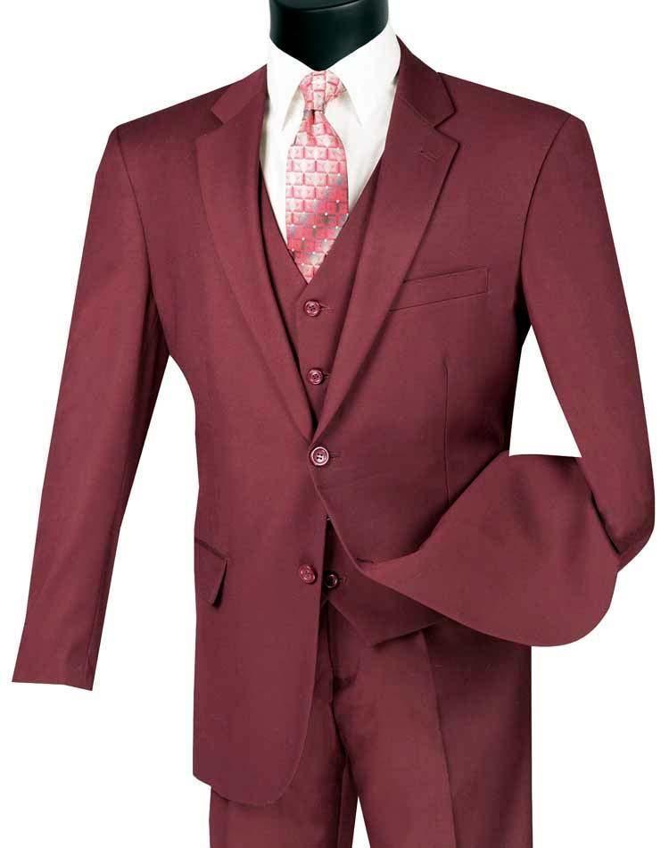 Three Piece Classic Fit Vested Suit Color Maroon — Menssuitsatlanta