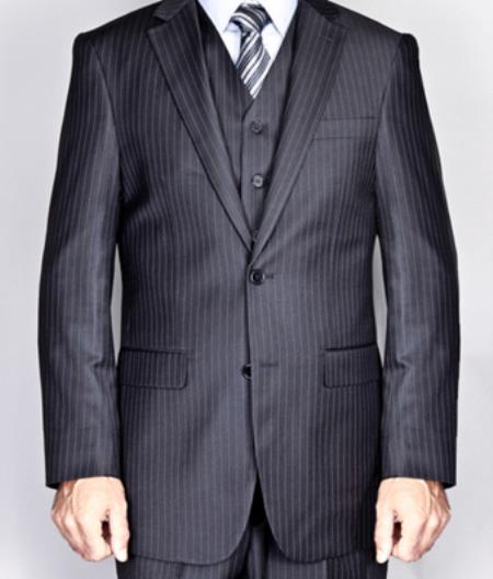 Mens Three Piece Suit - Vested Suit Mens Black Pinstripe 2-Button Vest ...