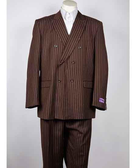 Men's Classic Fit Double Breasted Pinstripe 6 Button Peak Lapel Brown ...