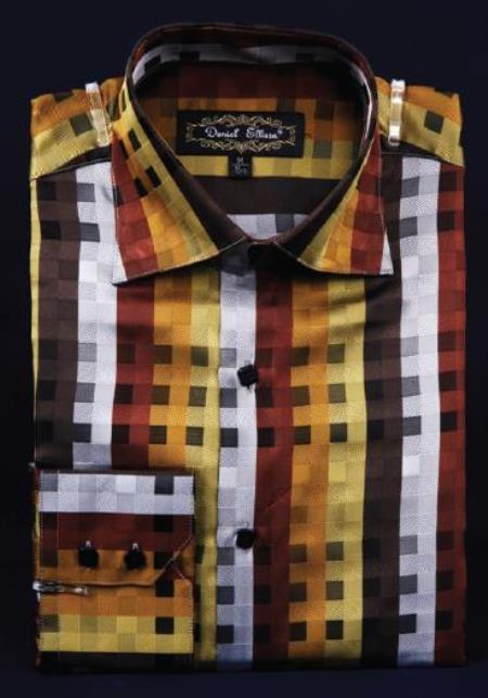 Brown Fancy Polyester Dress Fashion Shirt With Button Cuff Men's Dress ...