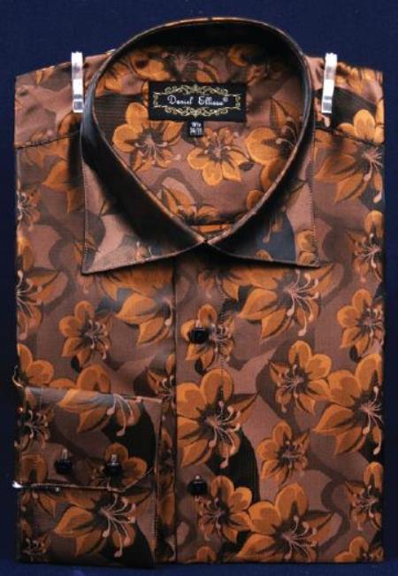 Brown Fancy Polyester Dress Fashion Shirt With Button Cuff For Men's D ...