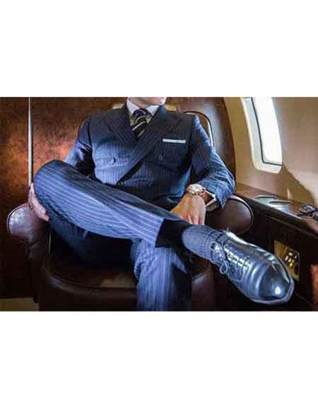 kingsman classic stripe Double Breasted Dark Navy Blue Suit For Men ...