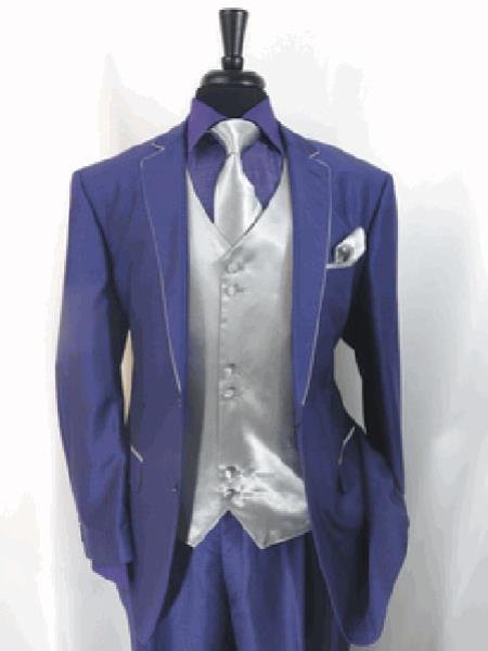 Men's Two Toned Trimmed Jacket With Matching Satin Vest and Hankie Pur ...